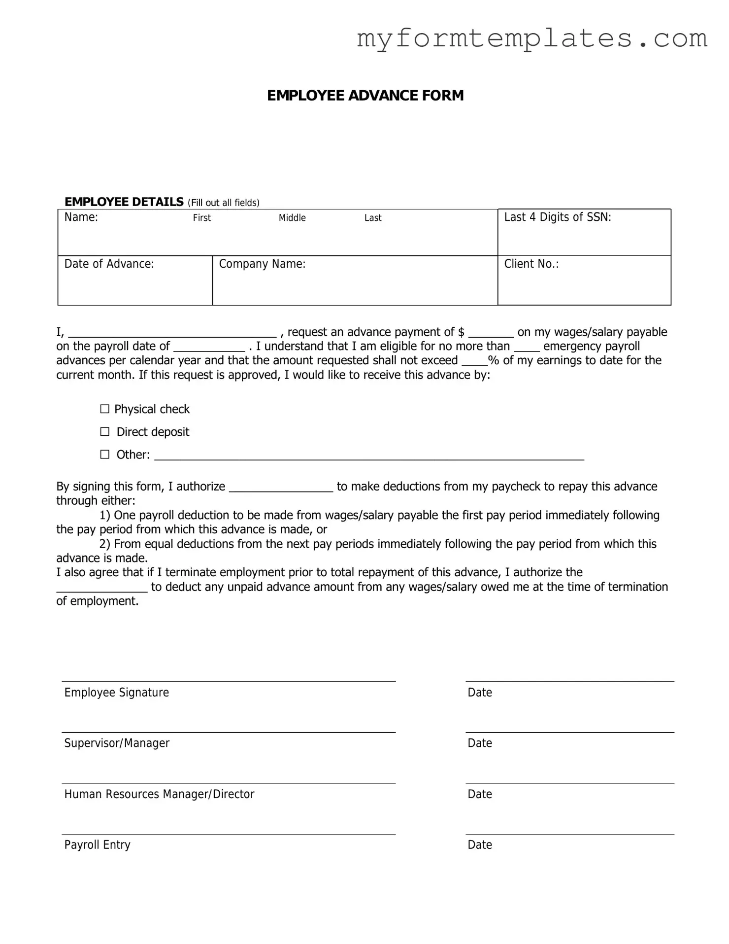 Employee Advance Form Blank PDF Template