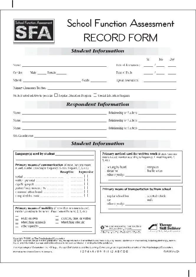 School Function Assessment Form — Blank PDF Template
